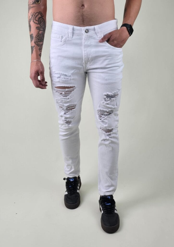 Jean Slim Tiro Medio Blanco con Rotos para Hombre - Kenzuki
